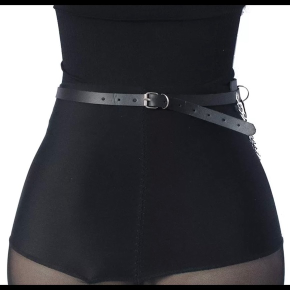 Unlisted | Accessories | Black Layered Leather Harness Belt W Chain ...